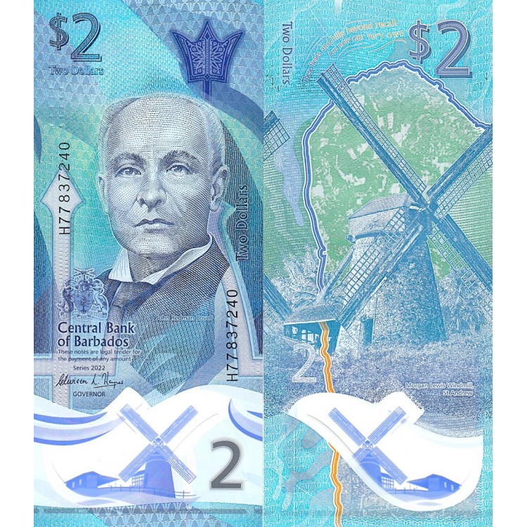BARBADOS 2 DOLAR 2022 POLYMER, P#80, ÇİL, ESKİ YABANCI KAĞIT PARA| 3Alp ...